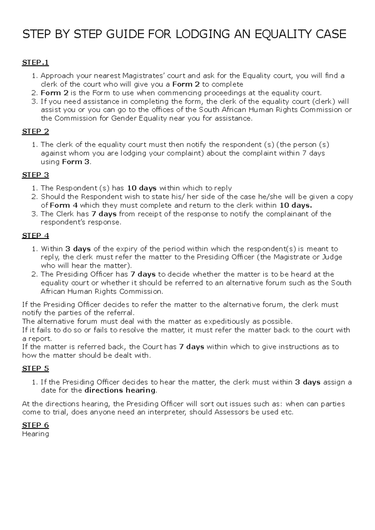Justice Equality Courts Guide - STEP BY STEP GUIDE FOR LODGING AN ...