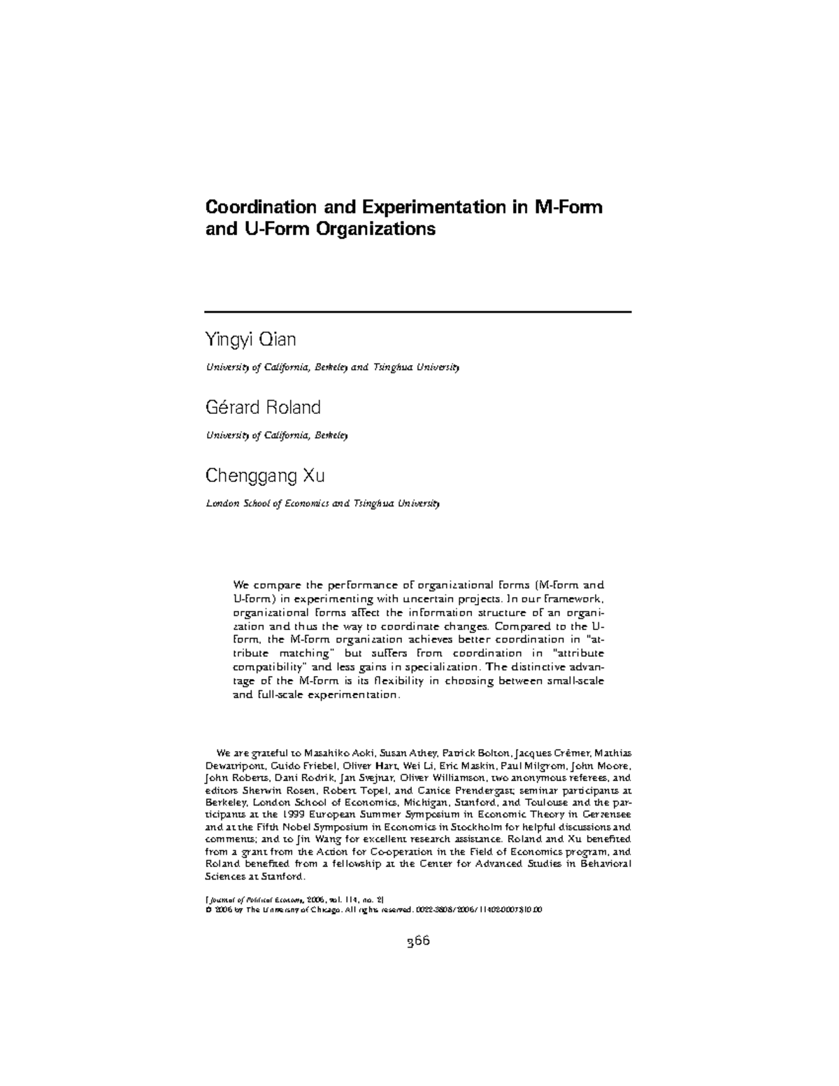 Coordination and Experimentation in M‐Form and U‐Form Organizations ...