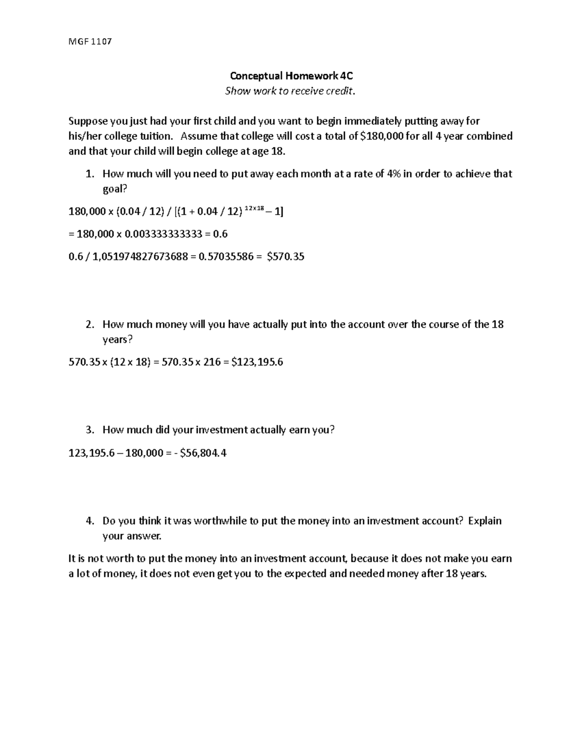 Conceptual HW 4C - MGF 1107 Conceptual Homework 4C Show work to receive ...