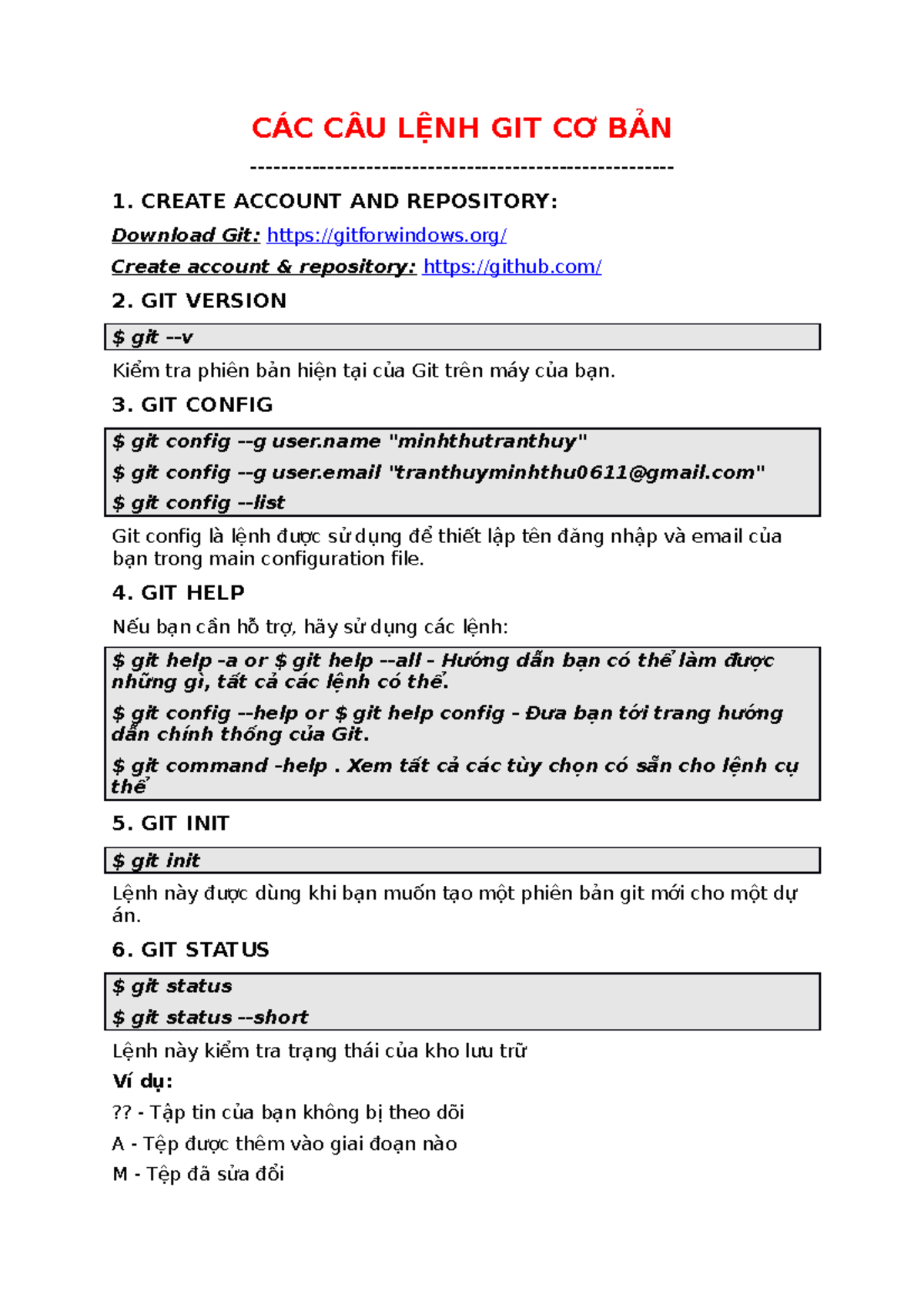 Statement Git Basic - áds - CÁC CÂU LỆNH GIT CƠ BẢN - 1. CREATE ACCOUNT AND REPOSITORY: Download ...