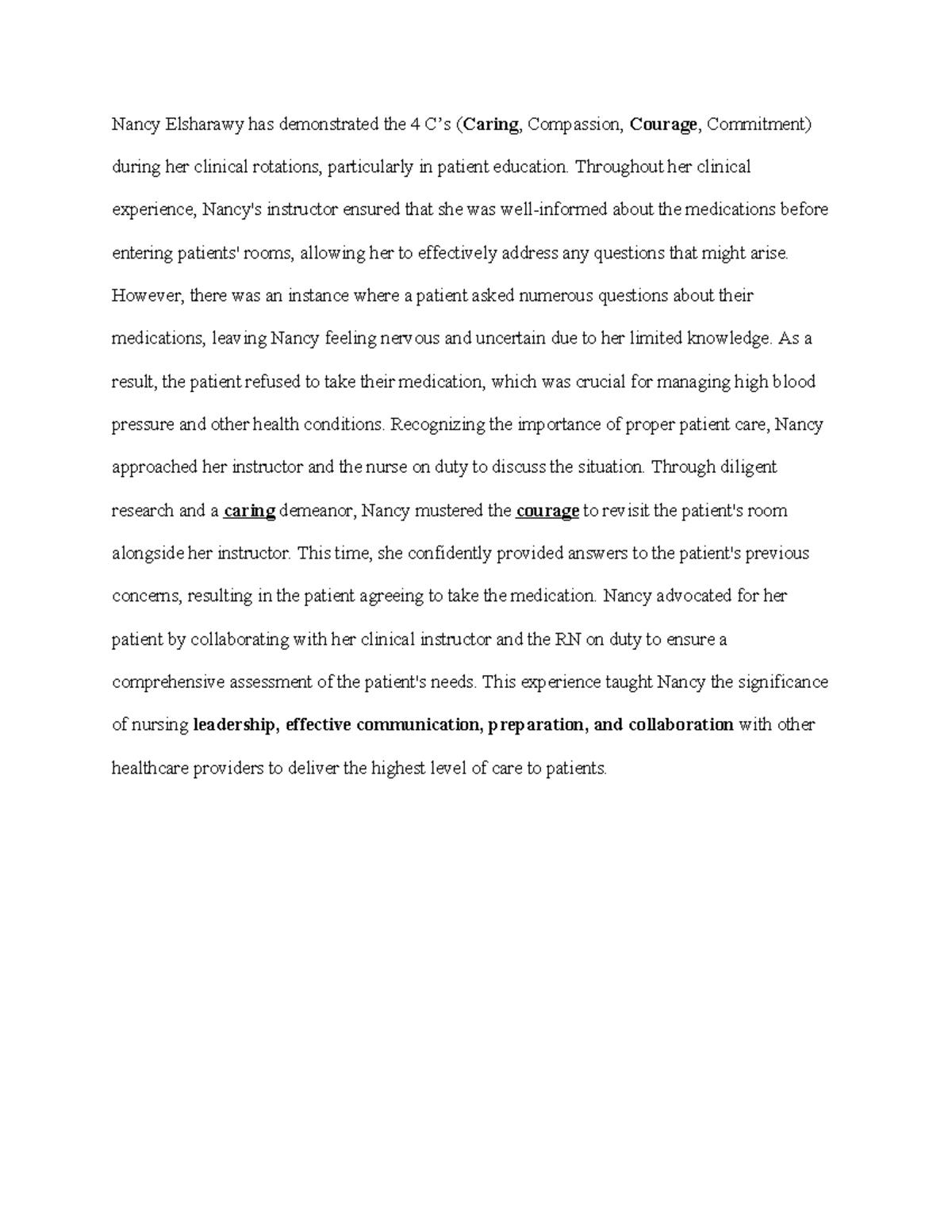 4 Cs Nancy - ASU - Nancy Elsharawy has demonstrated the 4 C’s (Caring ...