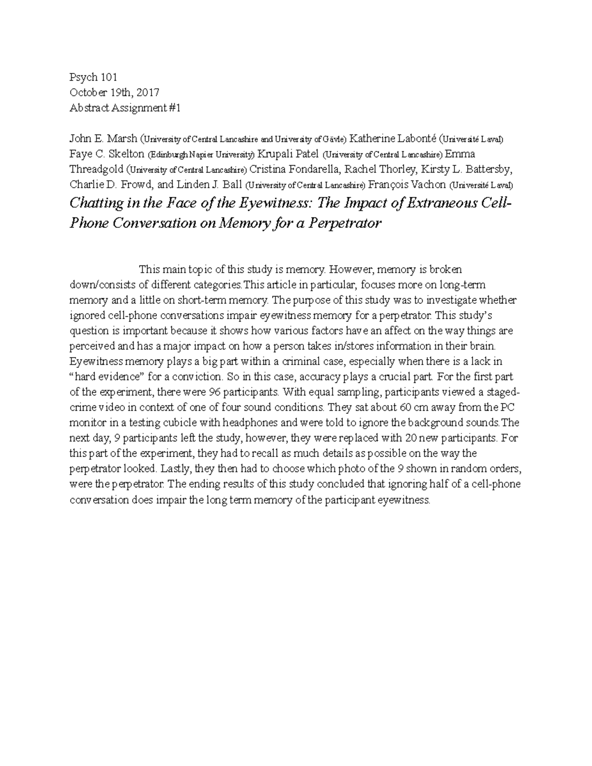 Psych assignment 1 - Psych 101 October 19th, 2017 Abstract Assignment ...