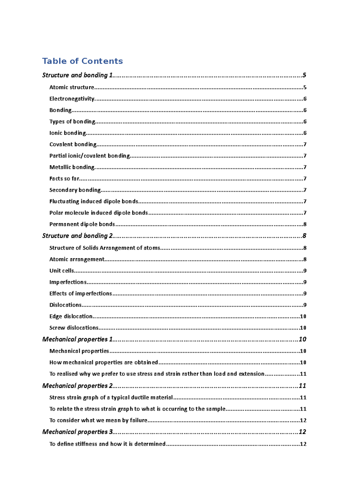 ENGEN112 Notes - Table of Contents Structure and bonding - Studocu