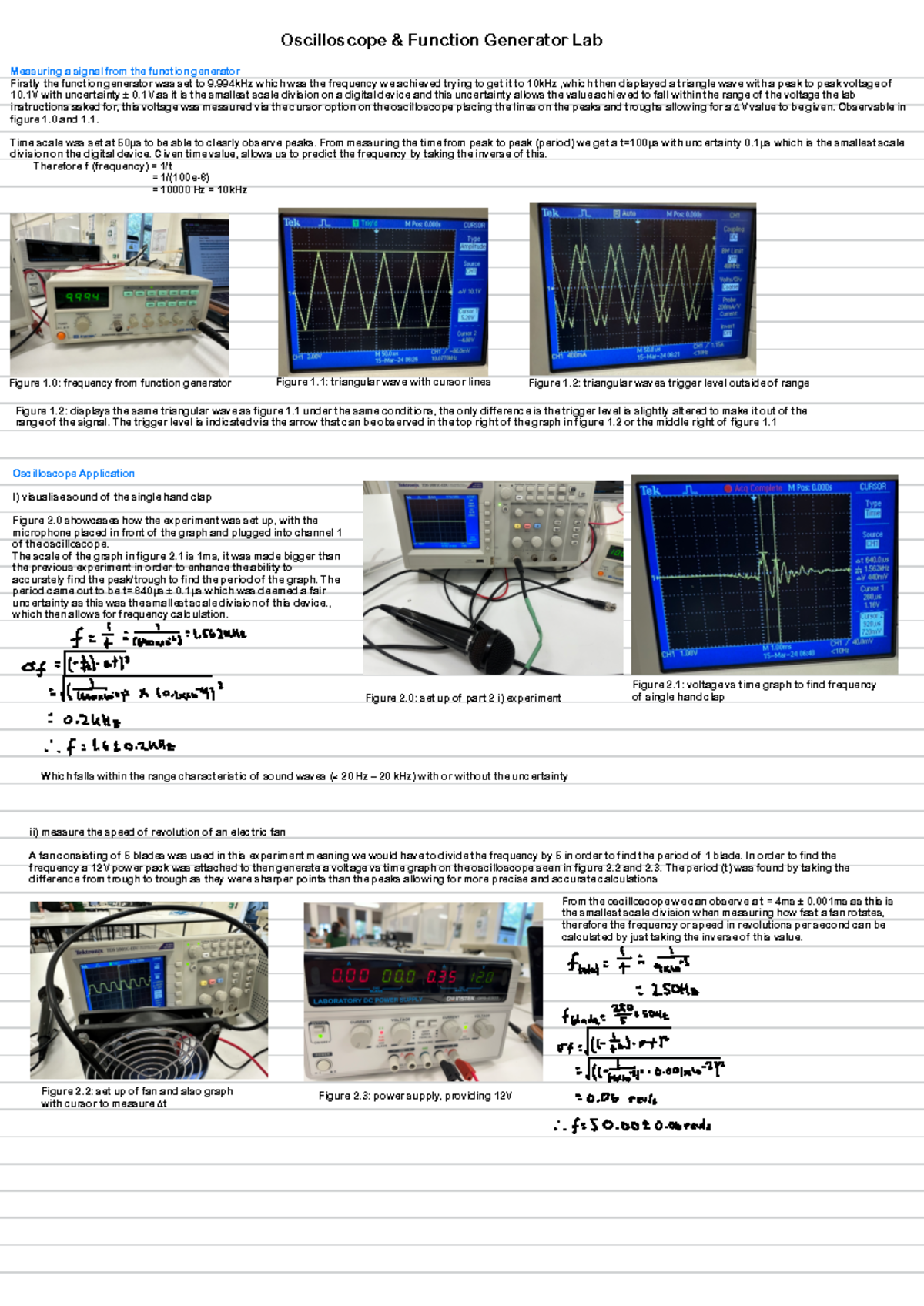 Oscilloscope log book - .... - Measuring a signal from the function generator Firstly the ...