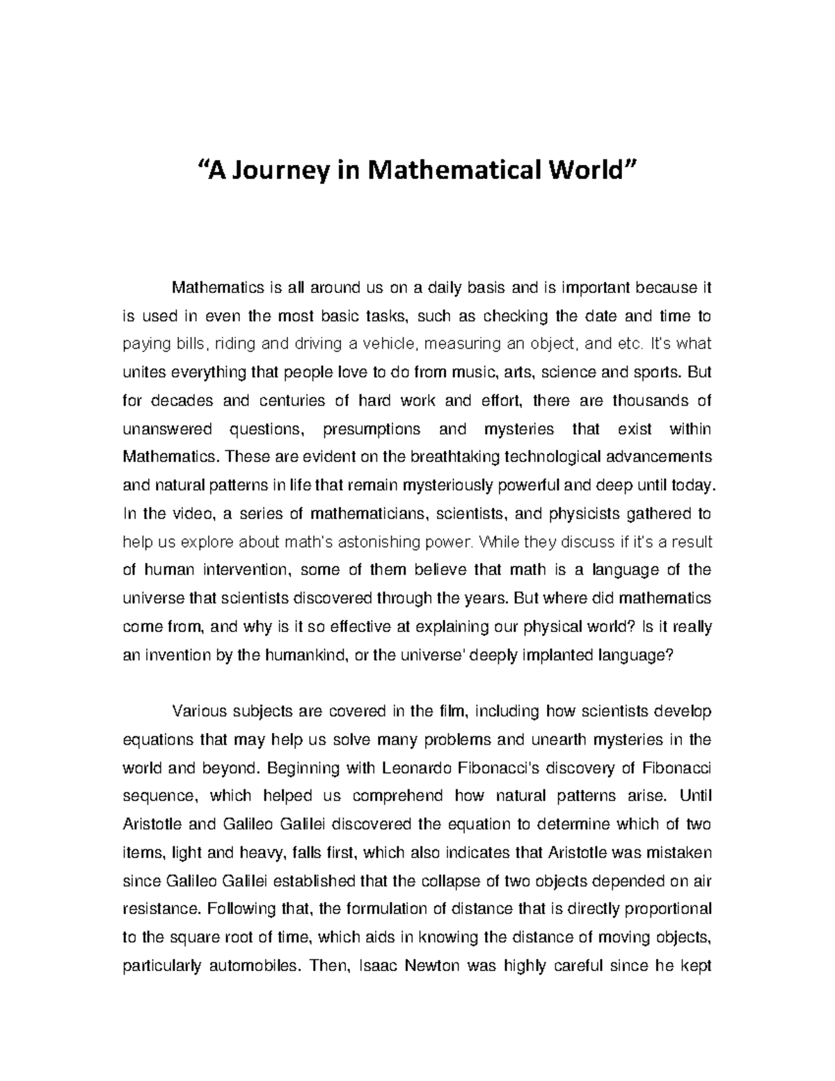 A Journey in Mathematical World - Mathematics in the Modern World - Studocu