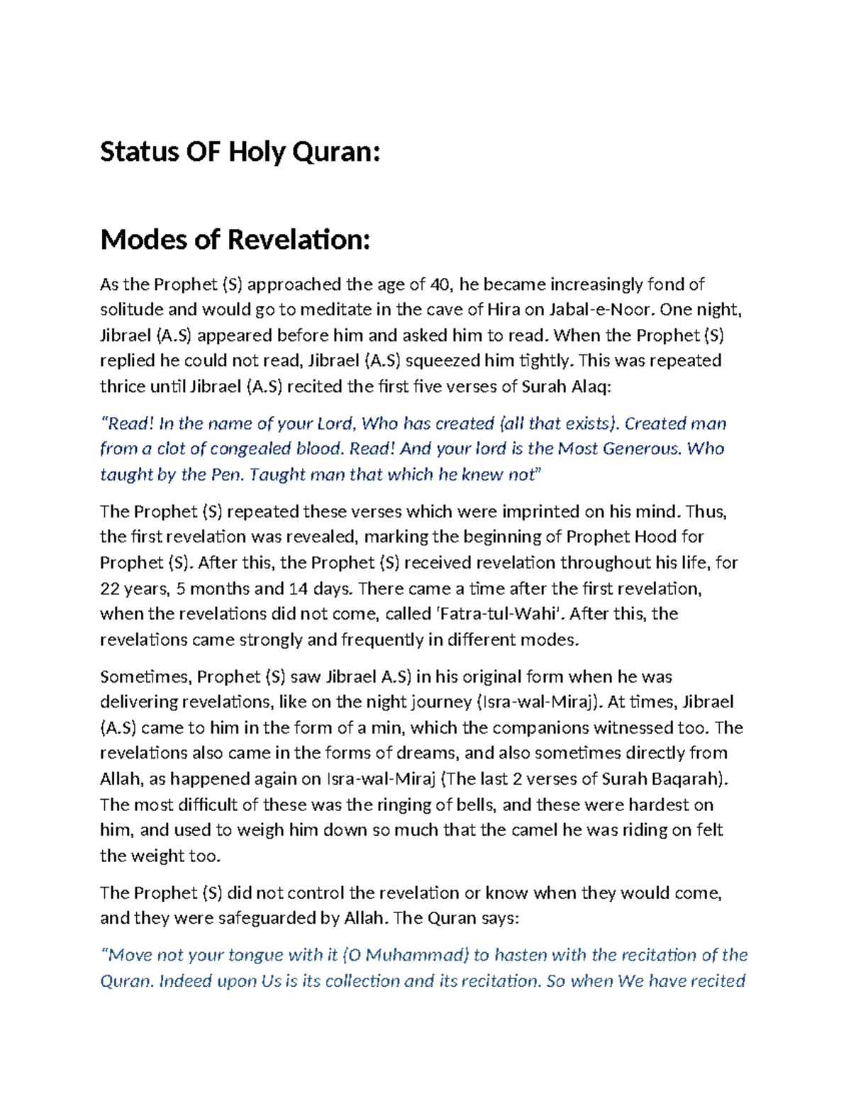modes or revelation of islam - Status OF Holy Quran: Modes of ...