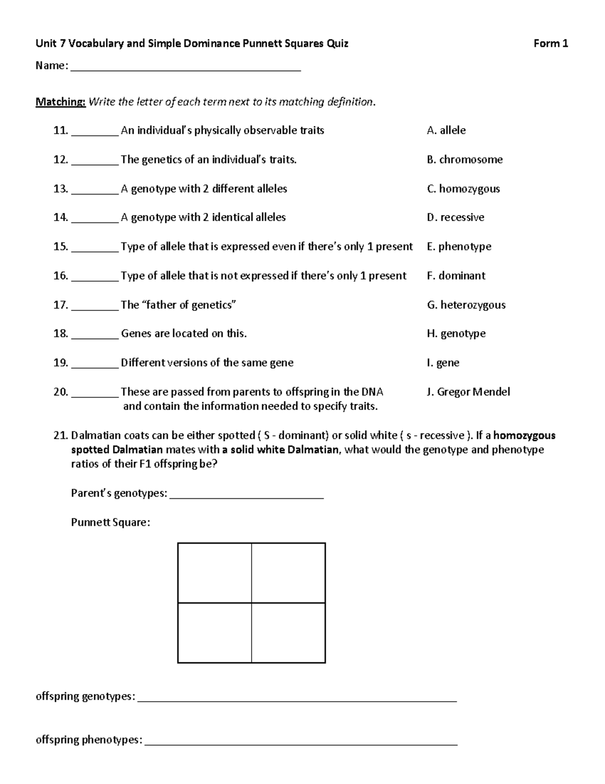Genetics vocab quiz - Unit 7 Vocabulary and Simple Dominance Punnett ...