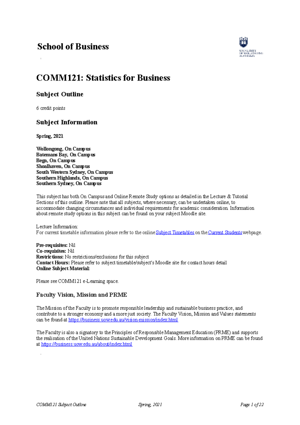 COMM121 Subject Outline - Spring 2021 - School of Business COMM121 ...