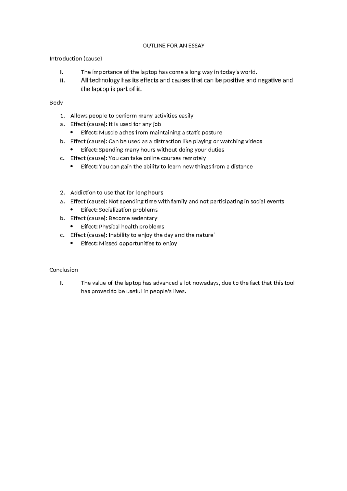 Outline FOR AN Essay - writing - OUTLINE FOR AN ESSAY Introduction ...