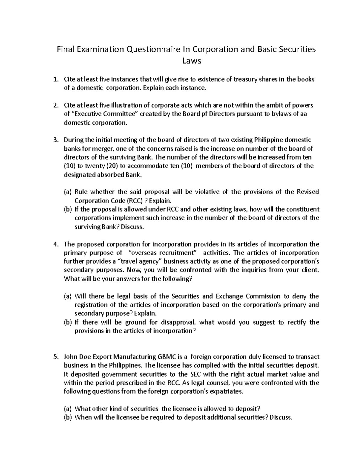 Final Examination Questionnaire In Corporation and Basic Securities ...