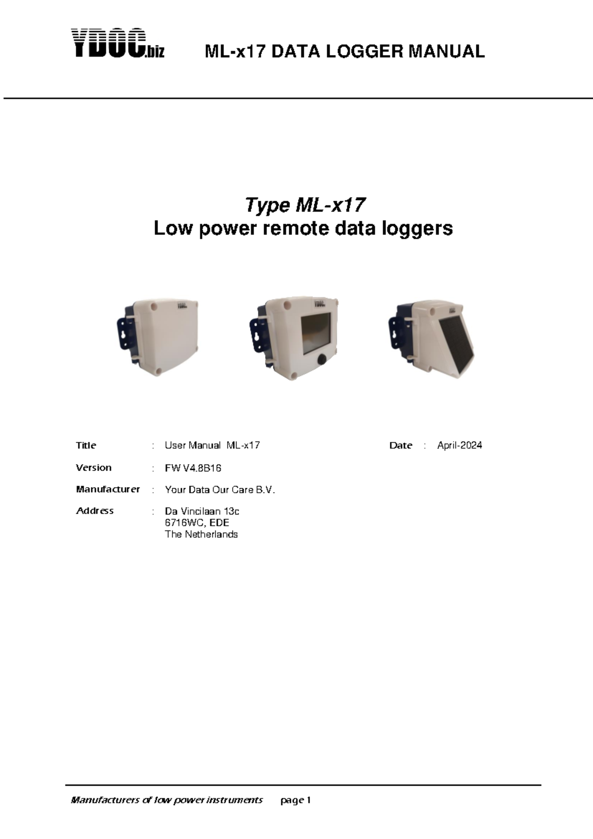 YDOC-Datalogger-Manual - Type ML-x1 7 Low power remote data loggers Title : User Manual ML-x1 7 ...