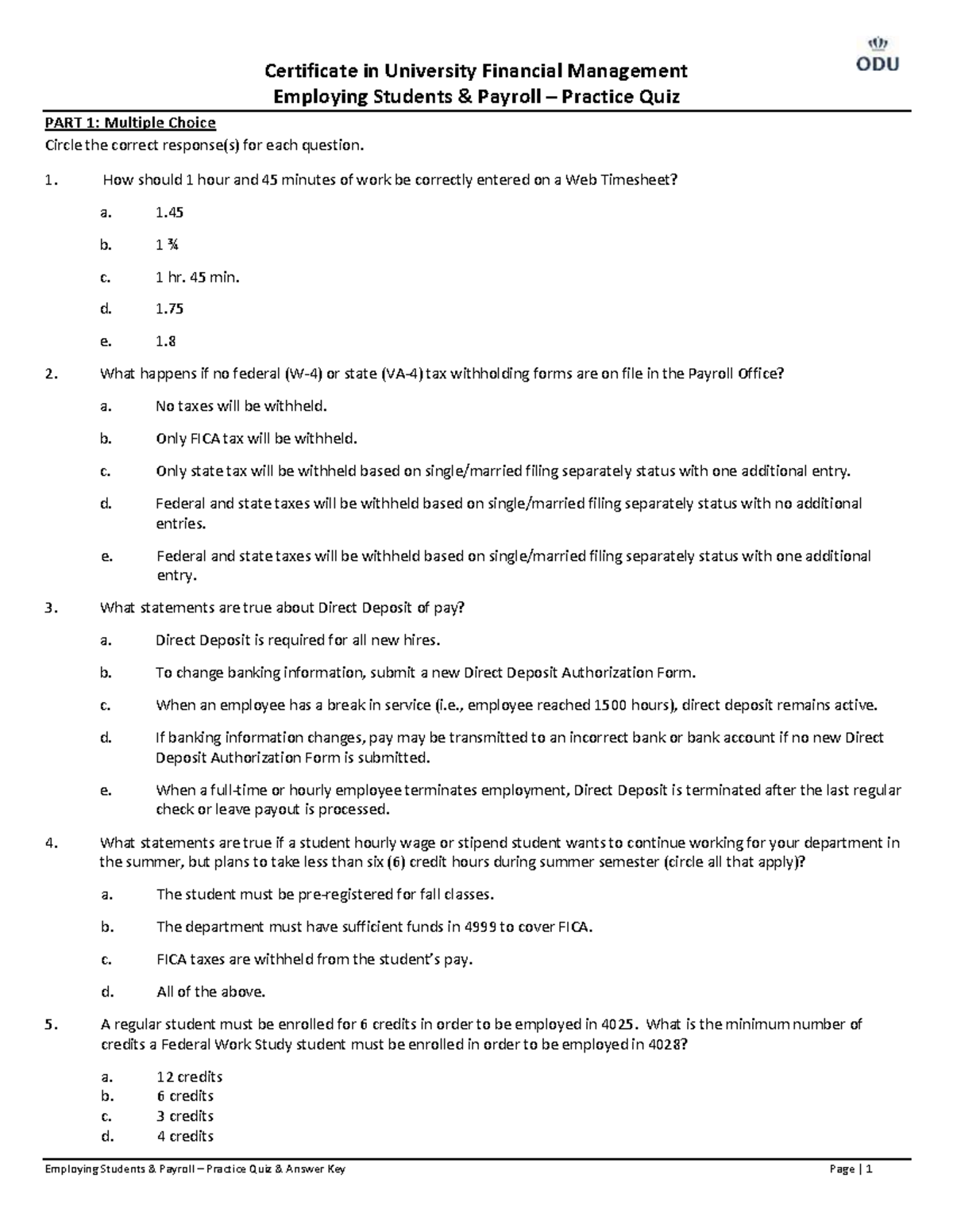 Employ students payroll quiz - Certificate in University Financial ...