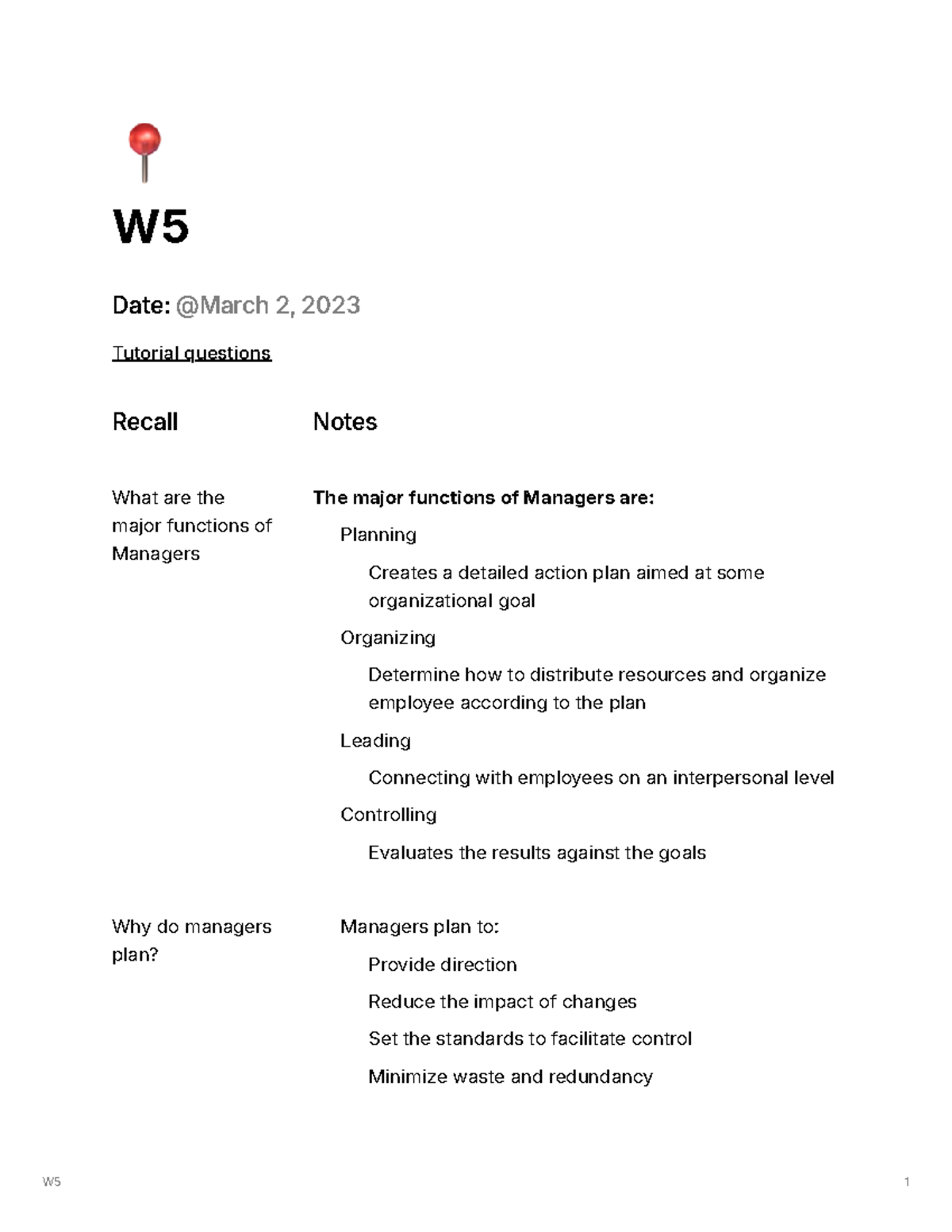 W5 - major functions of managers - 📍 W Date: Tutorial questions Recall ...