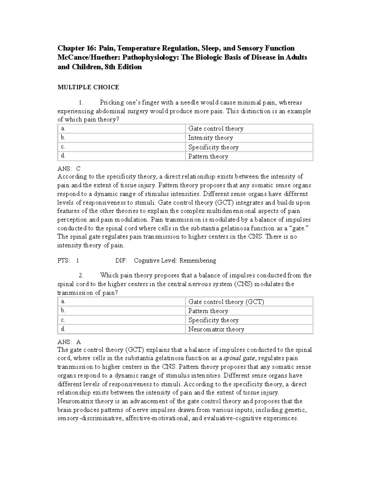 C16 - Pharm questions - Chapter 16: Pain, Temperature Regulation, Sleep, and Sensory Function ...