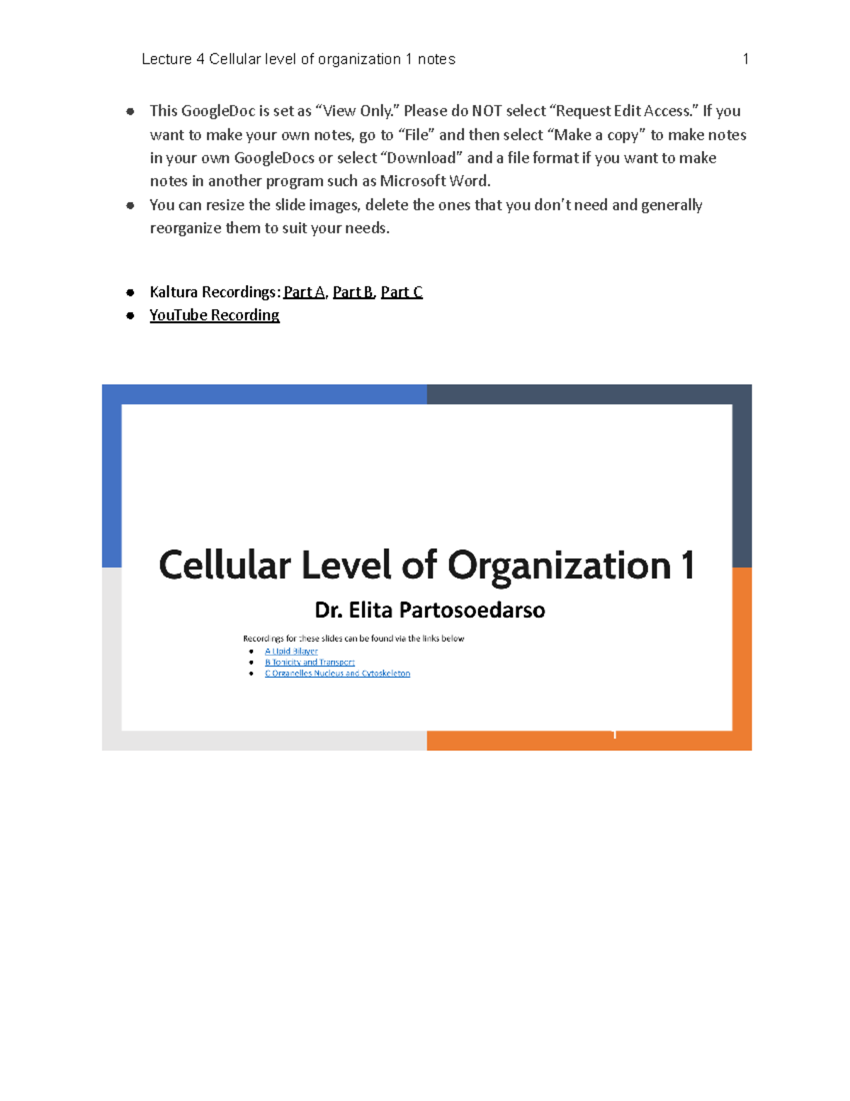 Lecture 3 Cellular level of organization 1 notes - This GoogleDoc is ...