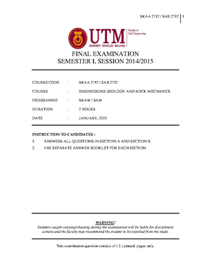 Assignment Geology - Engineering Geology and Rock Mechanics - UTM - Studocu