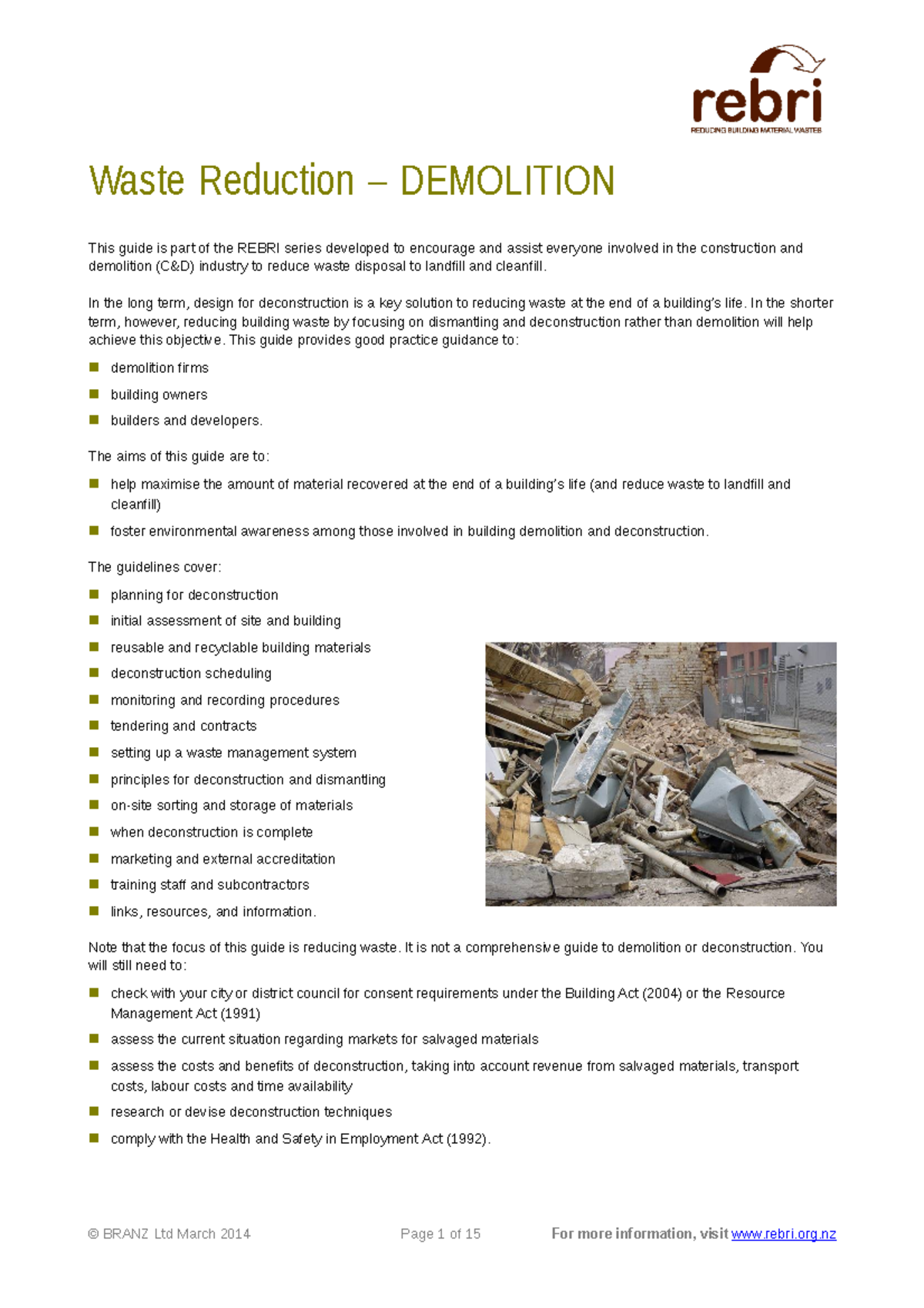 Rebri Waste Reduction - Demolition - © BRANZ Ltd March 2014 Page 1 of ...