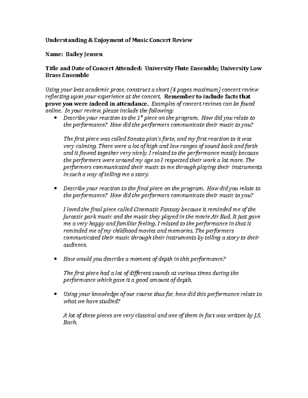 Concert Review Form - Communication theory - Understanding & Enjoyment ...