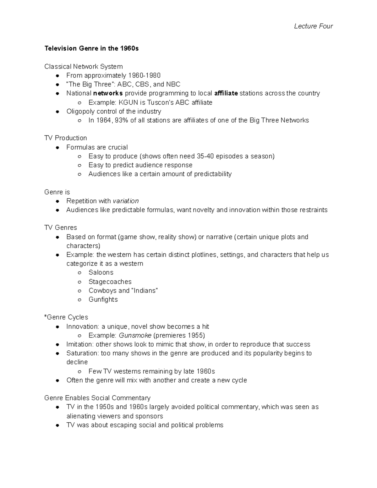 5. Television Genre in the 1960s - Lecture Four Television Genre in the ...