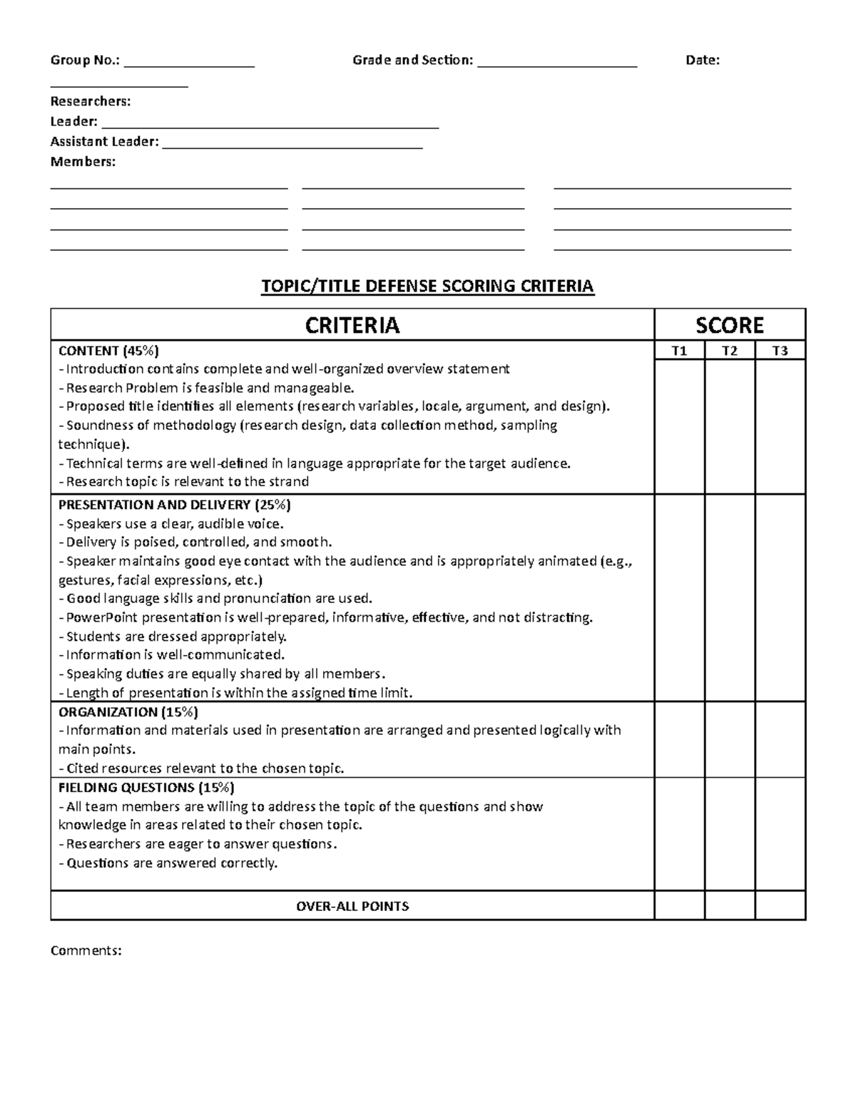 Title Hearing Rubrics - Group No.: _________________ Grade and Section