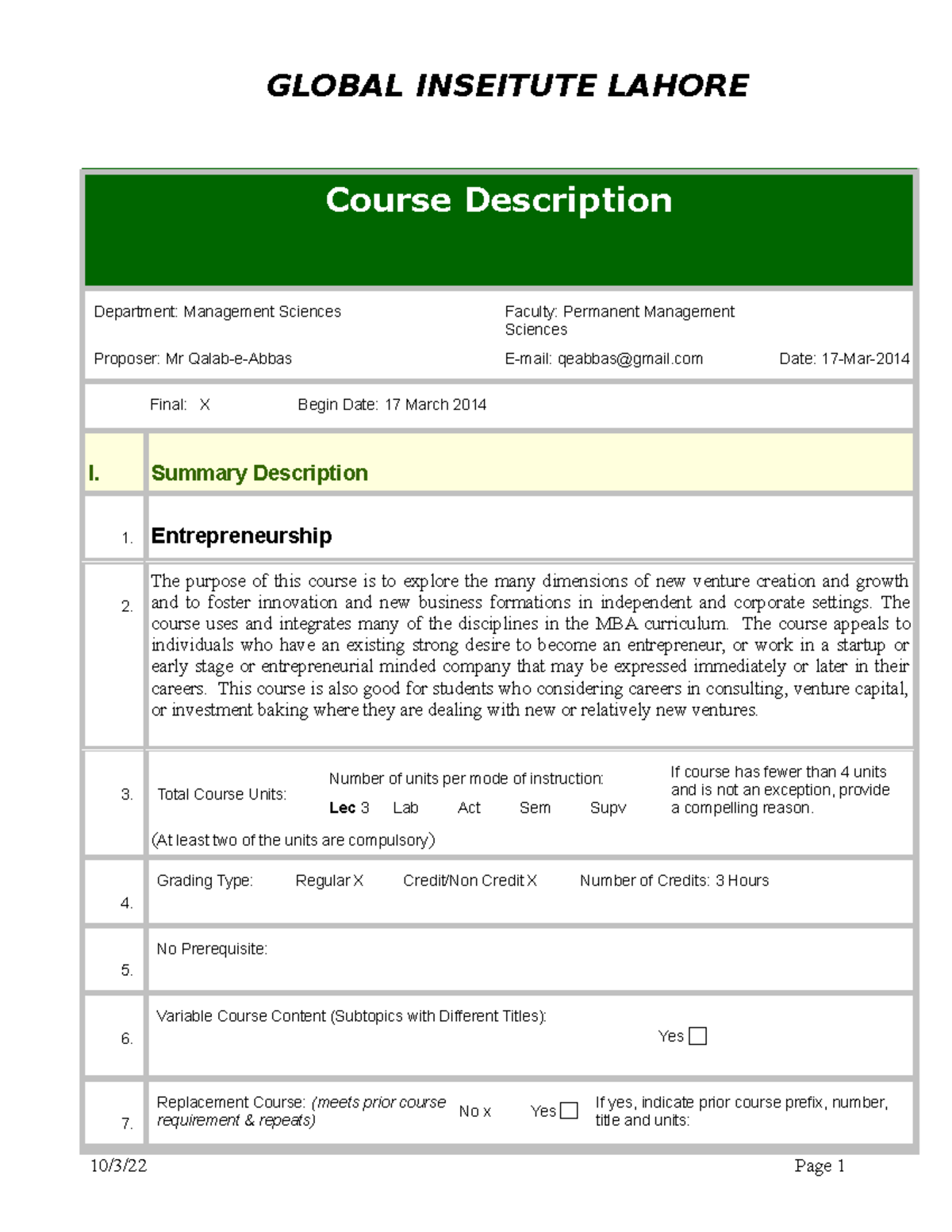 F13-Global Entrep course outlines - GLOBAL INSEITUTE LAHORE Course ...