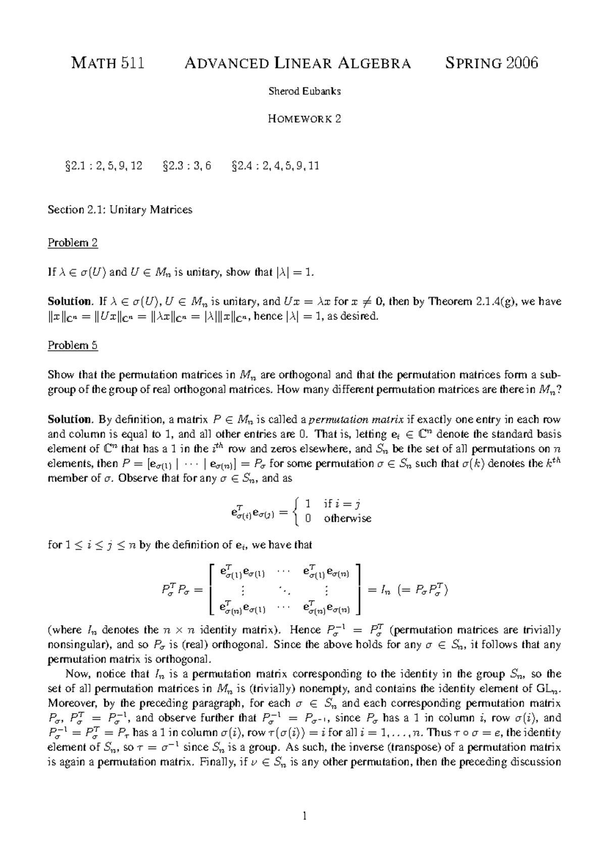 Seminar assignments - Homework 2 - MATH 511 ADVANCEDLINEAR ALGEBRA ...