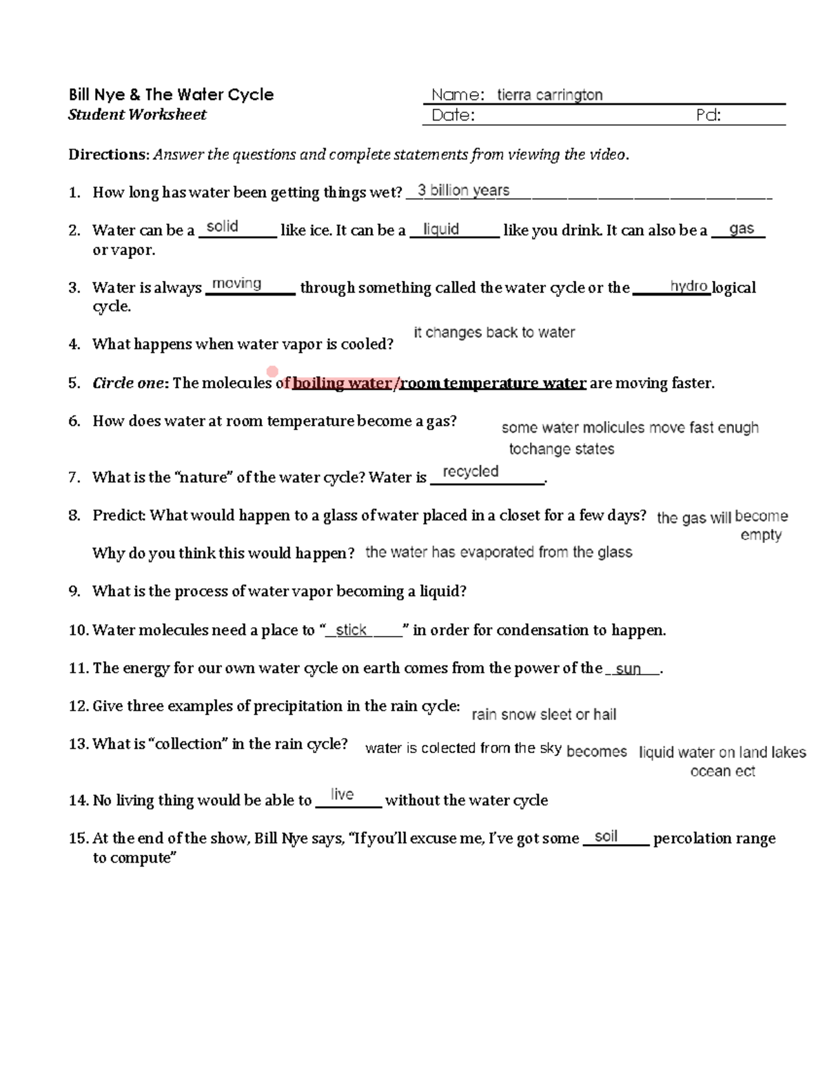 Bill Nye and The Water Cycle Handout-2 - Bill Nye & The Water Cycle ...