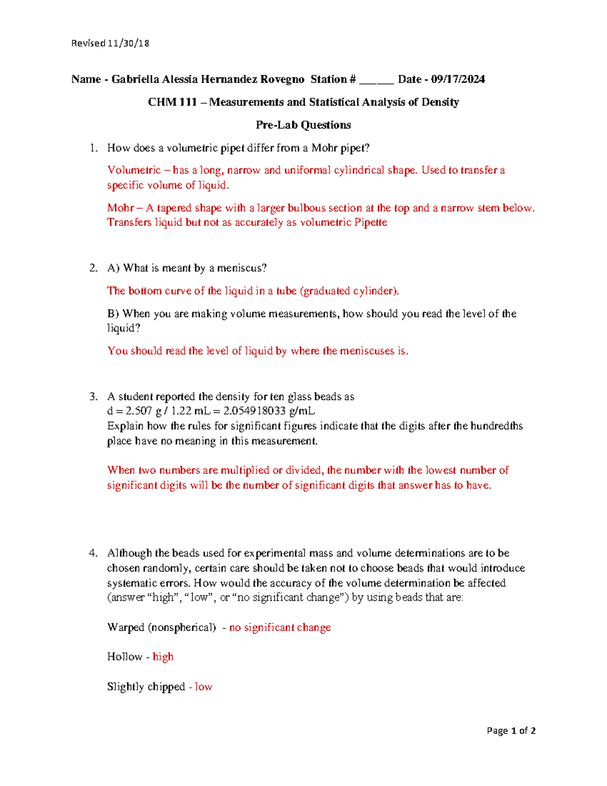 Prelab 1 - Revised 11/30/ Page 1 of 2 Name - Gabriella Alessia Hernandez Rovegno Station ...