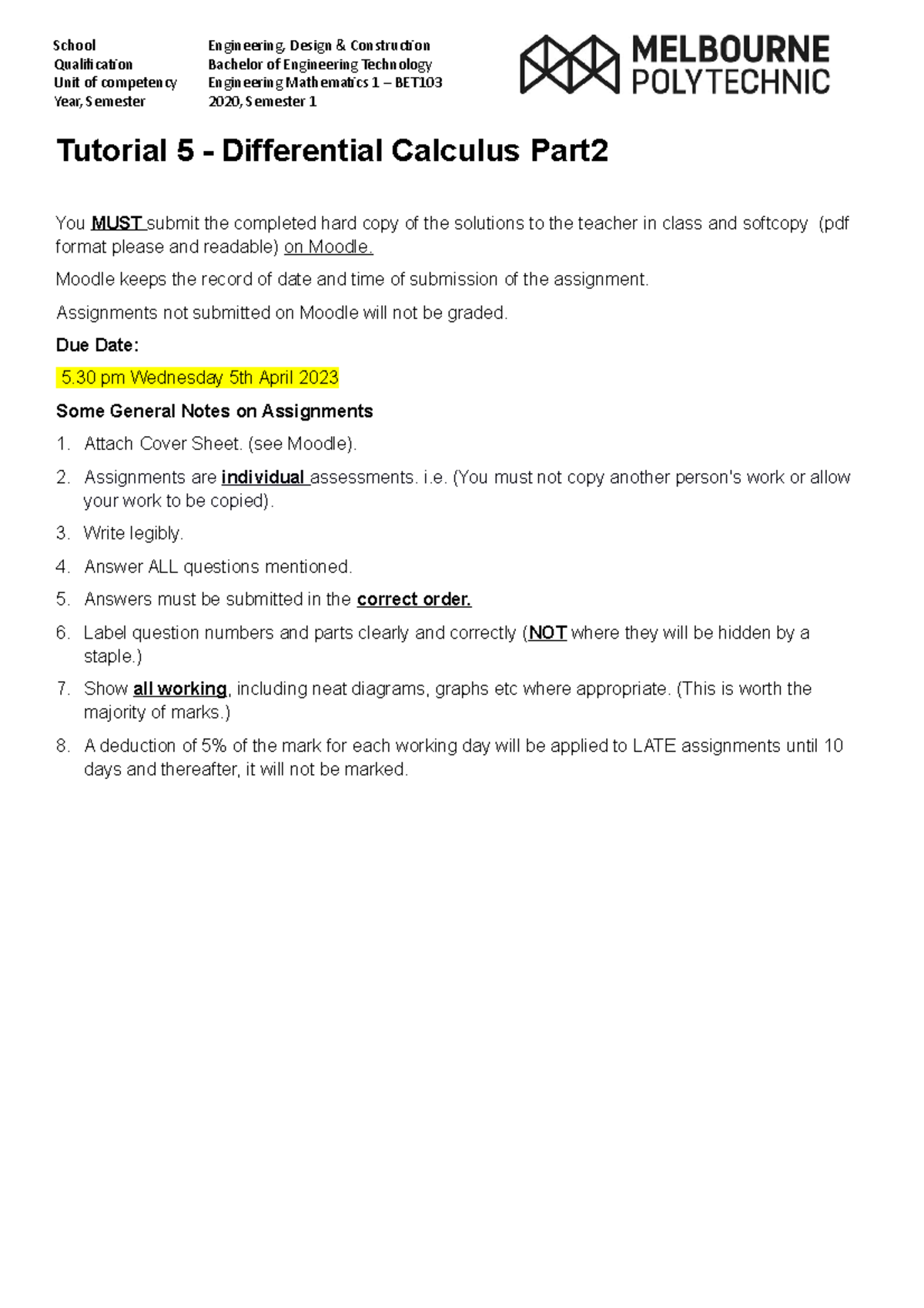 Tutorial 5 Differential Calculus Part 2 Sem1- 2023 - School Engineering, Design & Construction ...