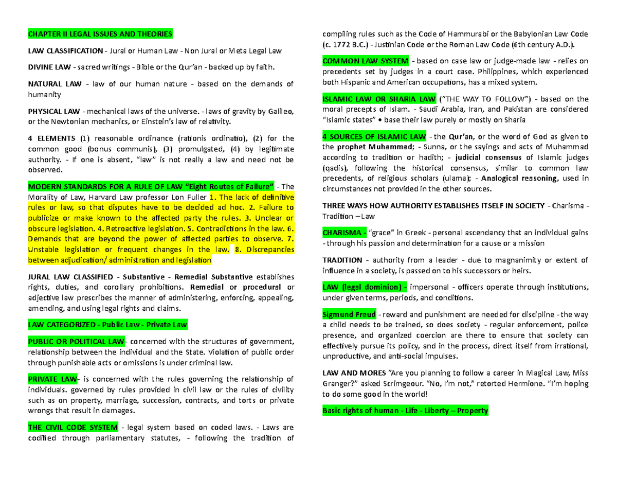 Chapter 2 TO 7 - Notes on PFR 2 - CHAPTER II LEGAL ISSUES AND THEORIES ...