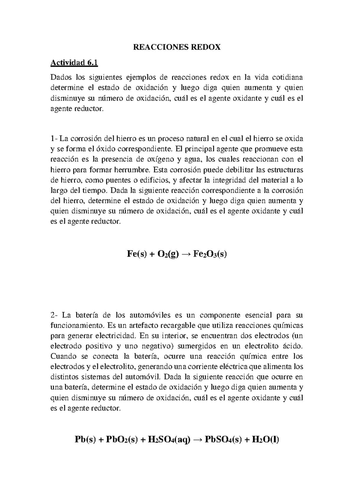 Ejercicio Reacciones Redox (1) solanyi t - REACCIONES REDOX Actividad 6 ...