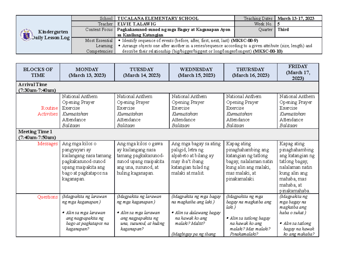 Kindergarten-DLL-MELC-Q3-Week 5 asf - Kindergarten Daily Lesson Log ...