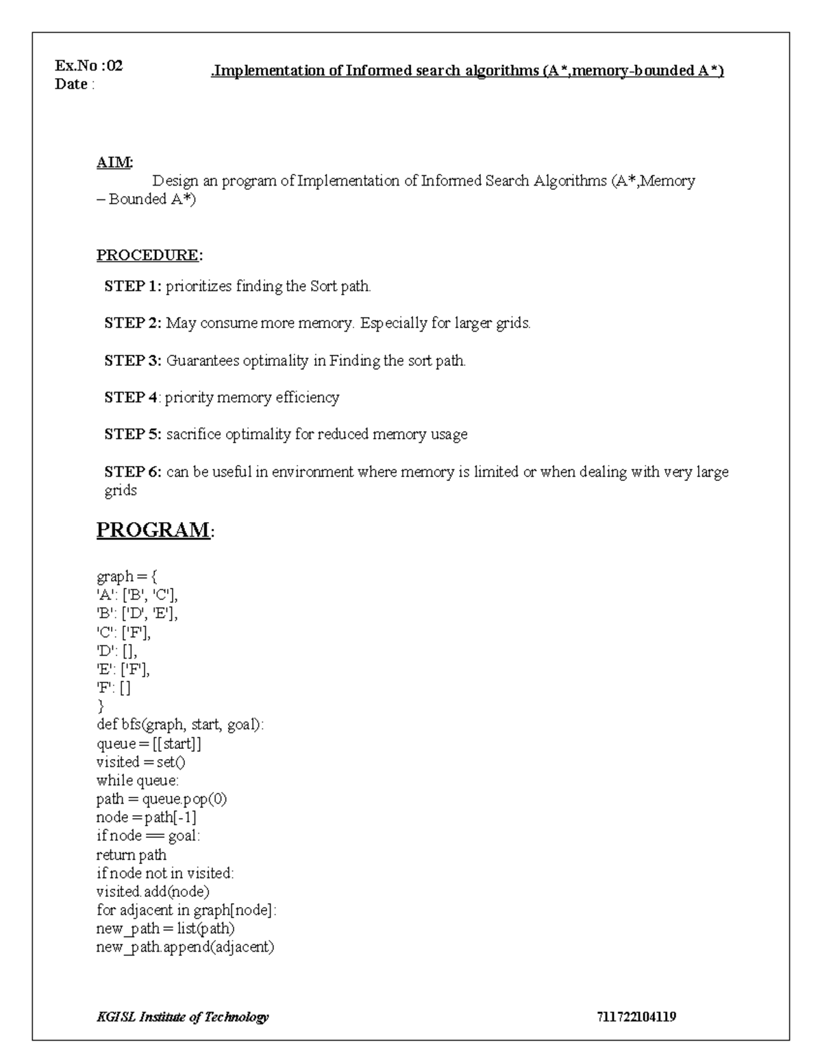 AIML record 02 - AIM: Design an program of Implementation of Informed Search Algorithms (A* ...