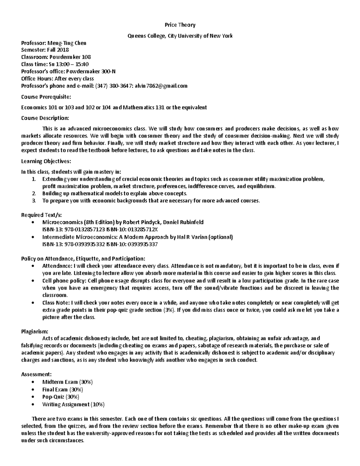 Fall 2018 Price Theory Syllabus - Price Theory Queens College, City ...