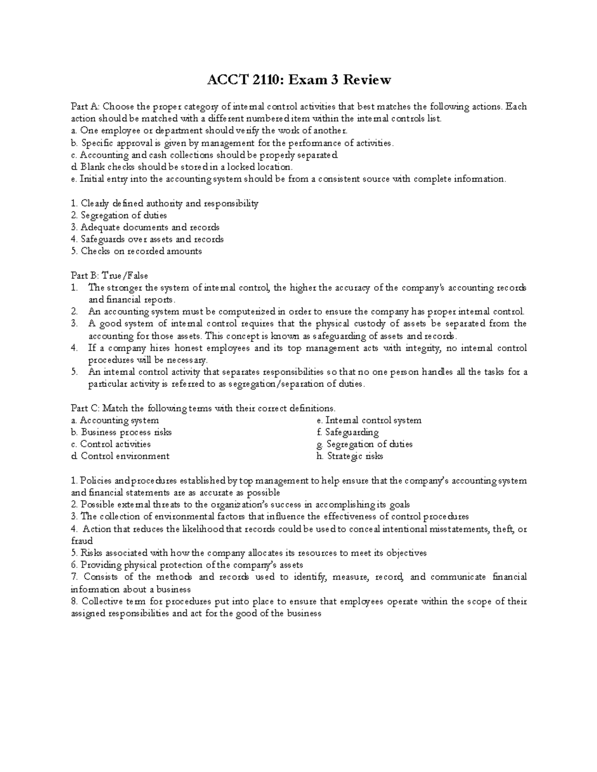 Exam 3 Review - practice - ACCT 2110: Exam 3 Review Part A: Choose the ...