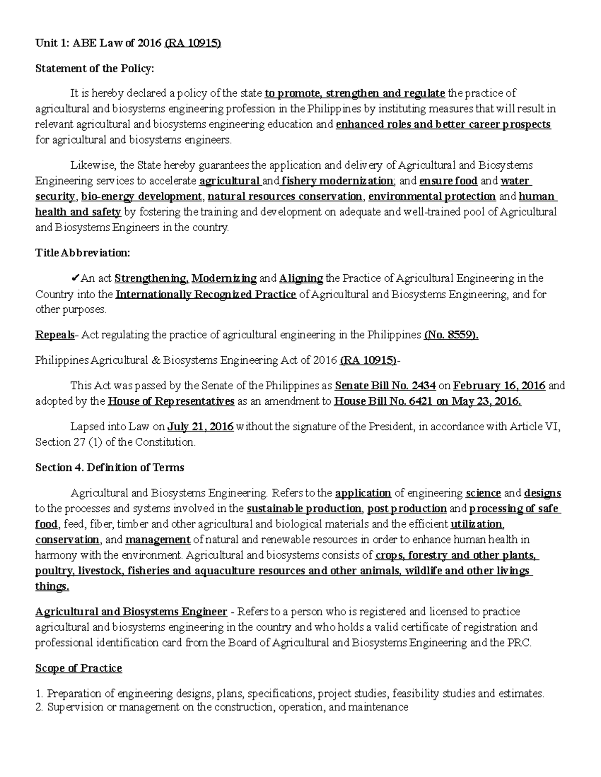 ABE-Law-reviewer - yes - Unit 1: ABE Law of 2016 (RA 10915) Statement ...