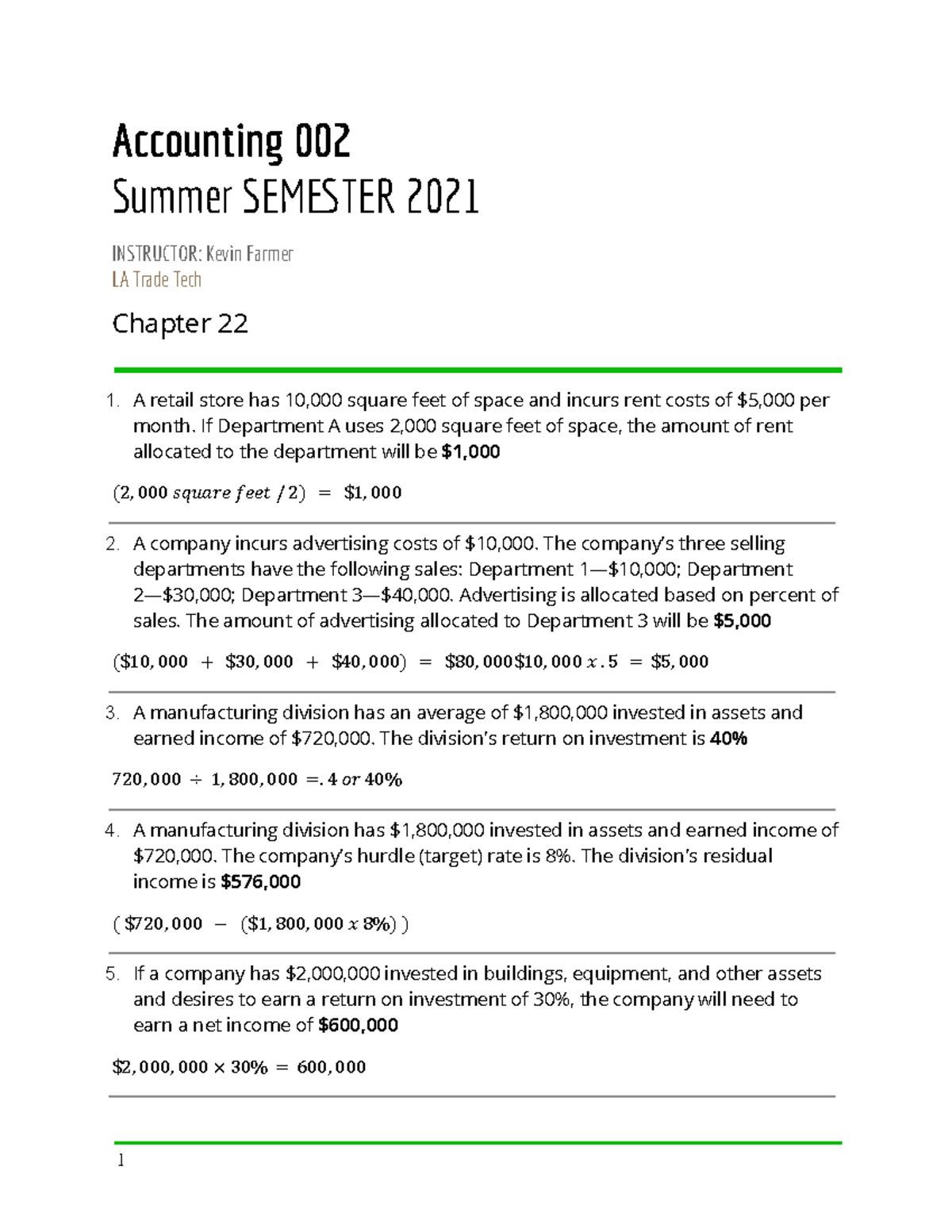 Acct Chapter 22 - Accounting 002 Summer SEMTER 2021 INSTRUCTOR: Kevin ...