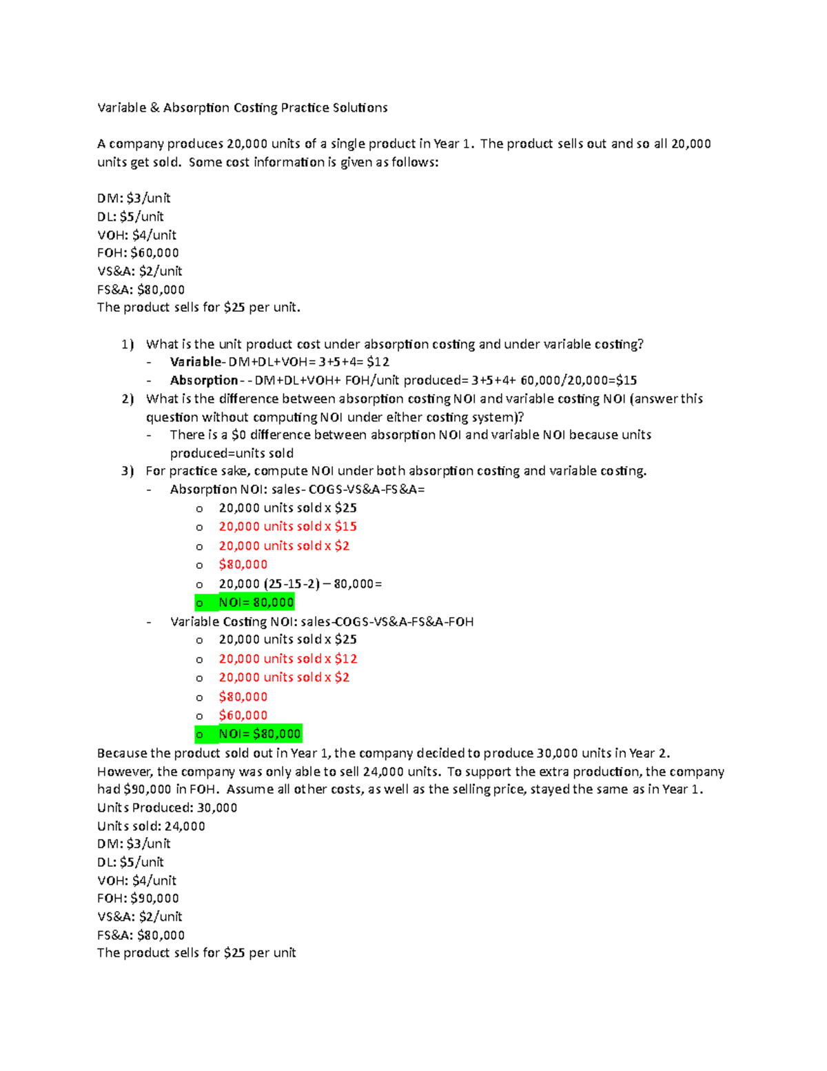 Variable and Absorption Costing Practice Question - Variable & Absorption Costing Practice - Studocu