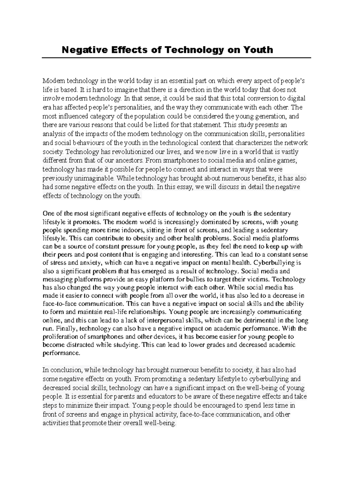 1031Vershagoyal - eassy - Negative Effects of Technology on Youth ...