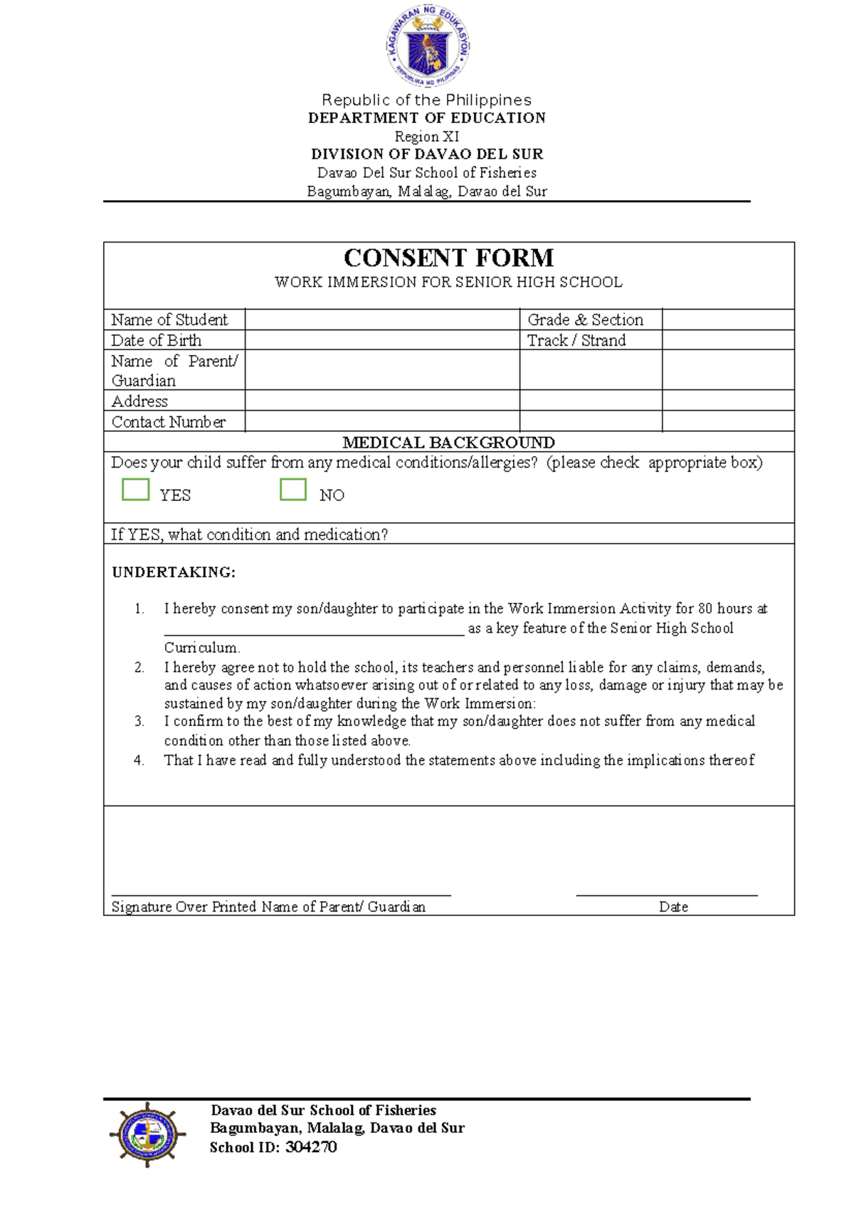 WORK Immersion consent form - Republic of the Philippines DEPARTMENT OF ...