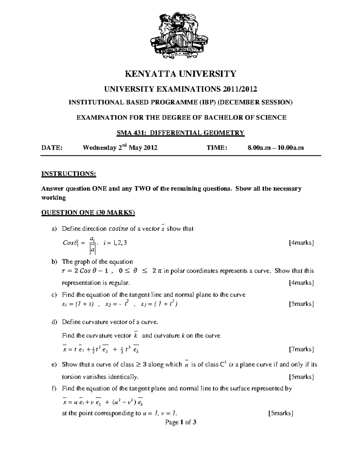 SMA4312012 0502 - Page 1 of 3 KENYATTA UNIVERSITY UNIVERSITY ...