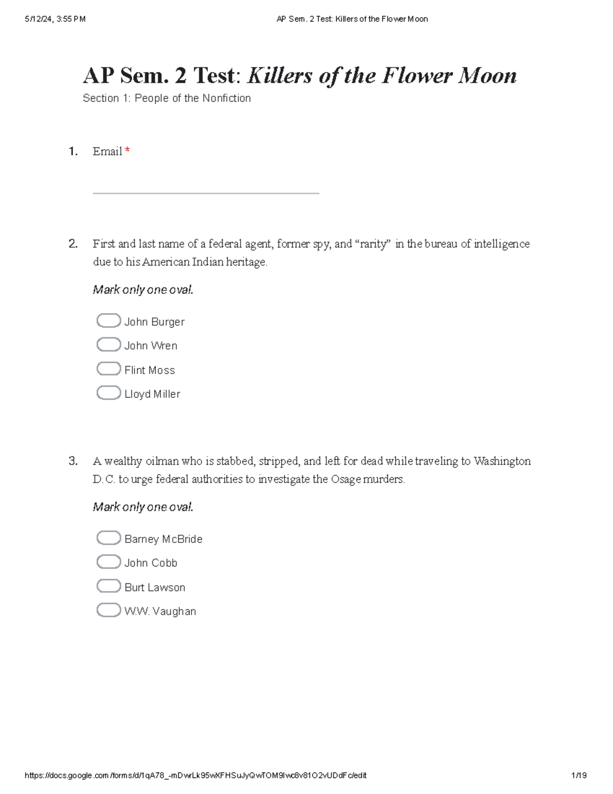 AP Sem. 2 Test Killers of the Flower Moon - Google Forms - 1. Email * 2 ...