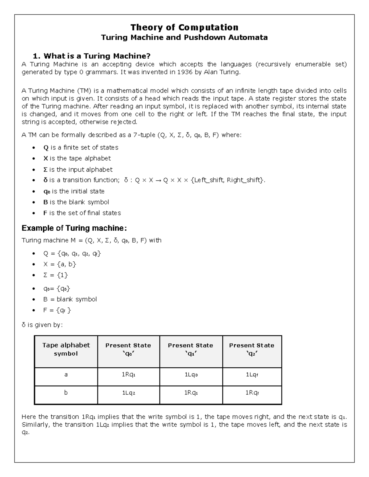 Turing Machine and PDA Notes - Theory of Computation Turing Machine and ...