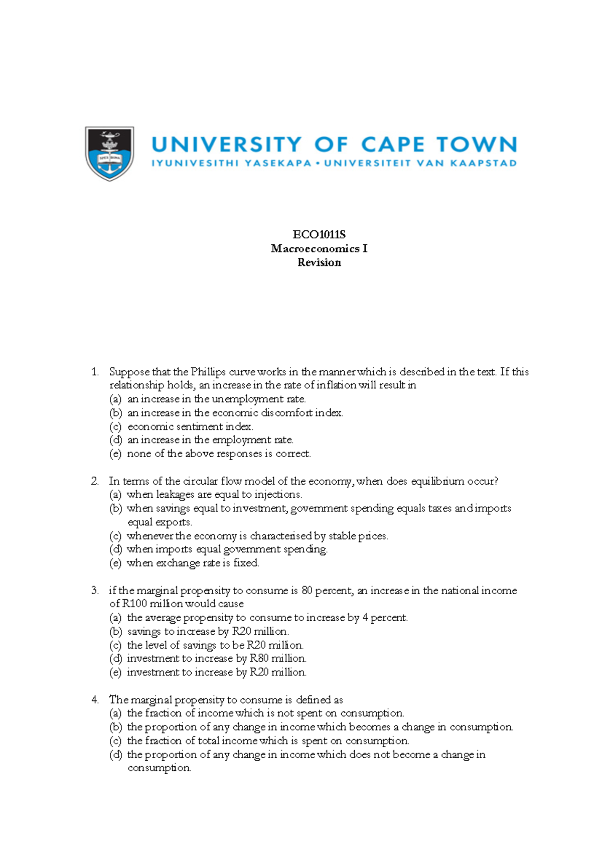 Additional MCQs - MCQS to practice for exams - ECO1011S Macroeconomics ...