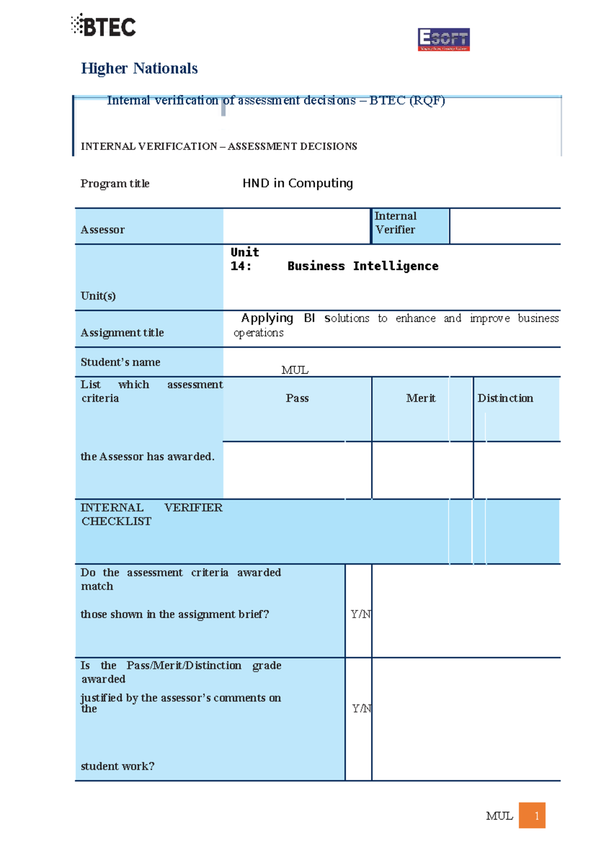 Mul Business Intelligence Assignment - Higher Nationals Internal ...
