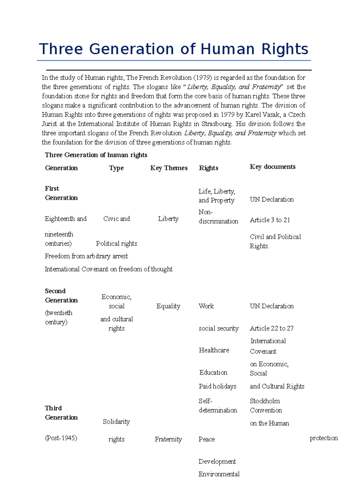 Three Generation of Human Rights - The slogans like “ Liberty, Equality ...