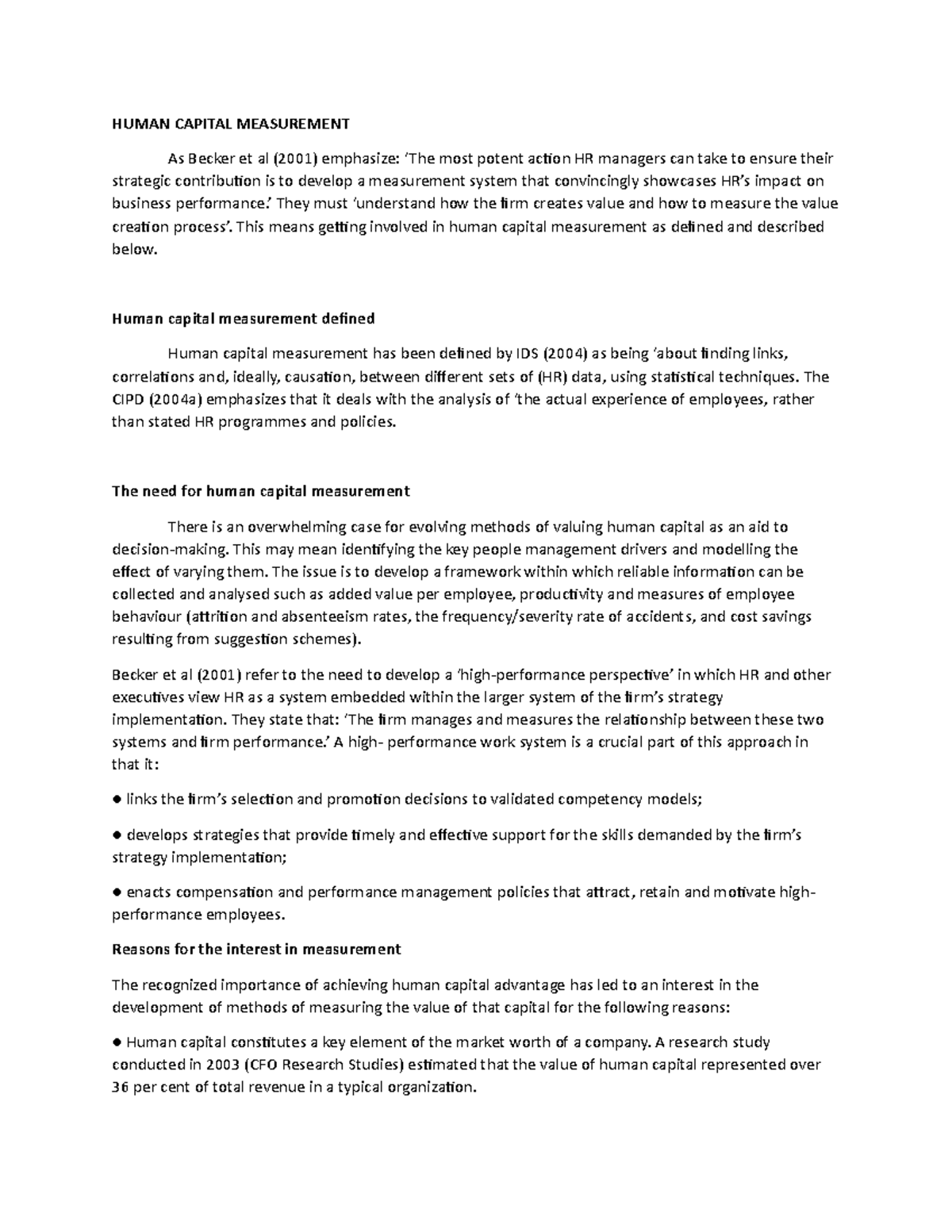Human Capital Measurement - HUMAN CAPITAL MEASUREMENT As Becker et al ...