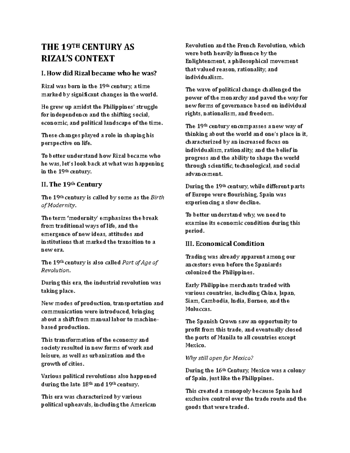 19TH Century AS Rizals Context - THE 19TH CENTURY AS RIZAL’S CONTEXT I ...