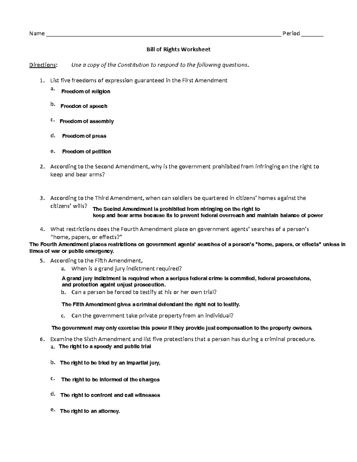 BOR and scenarios - Name Period Bill of Rights Worksheet Directions ...