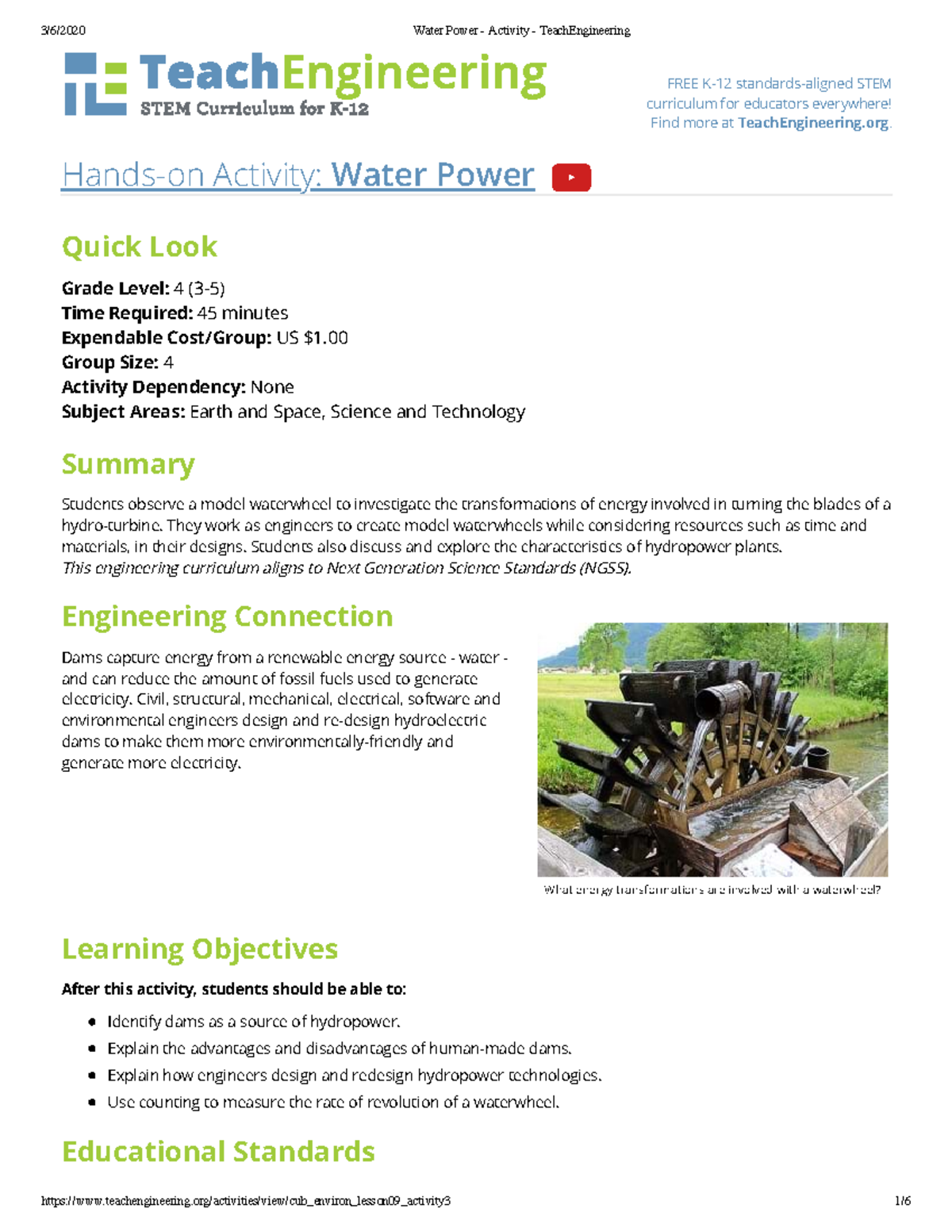Hydro Power Build a Waterwheel Lesson Plan - FREE K-12 standards ...